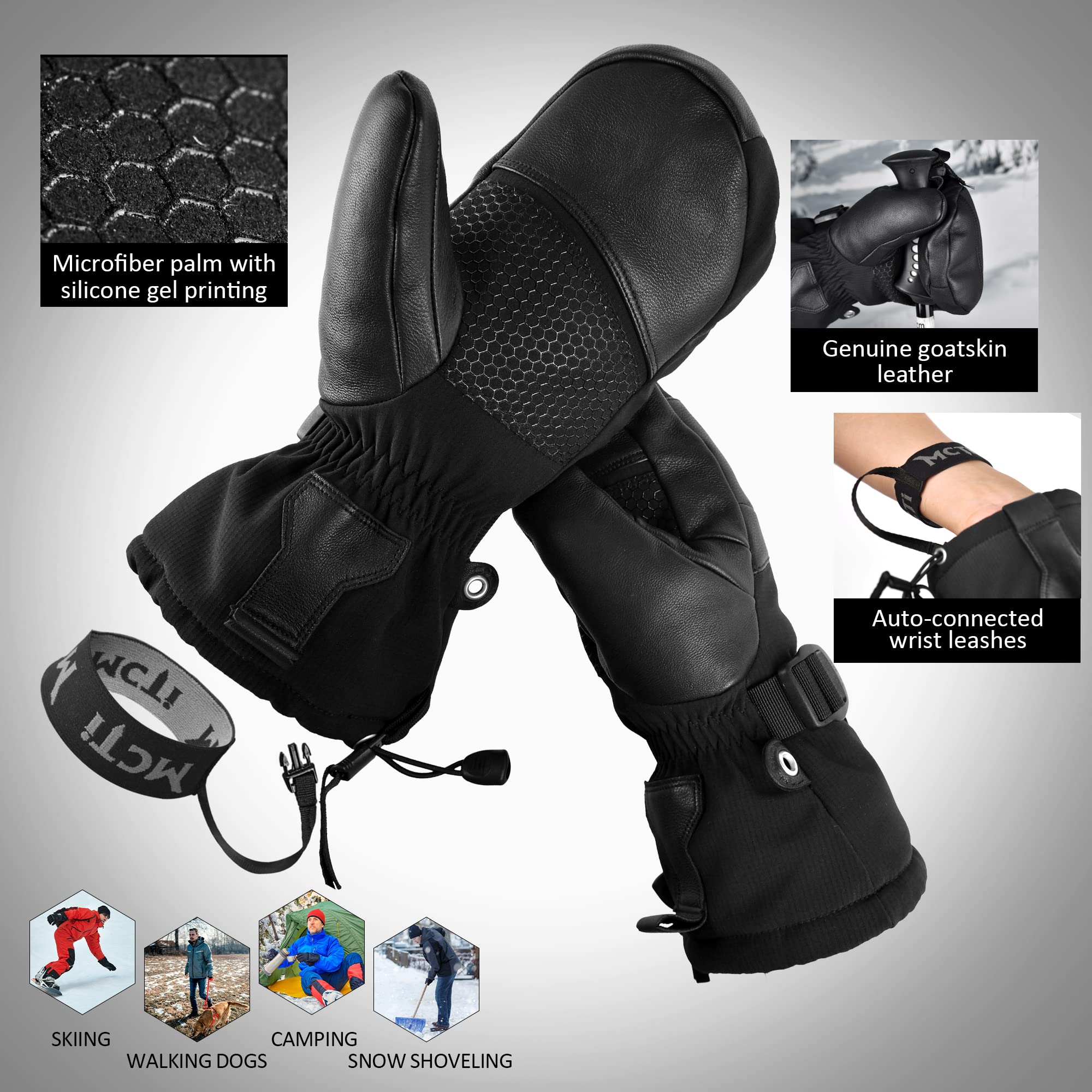 MCTi Ski Mittens Leather Mitten Winter Cold Weather Waterproof Snow Mitt for Men(Black, Large)