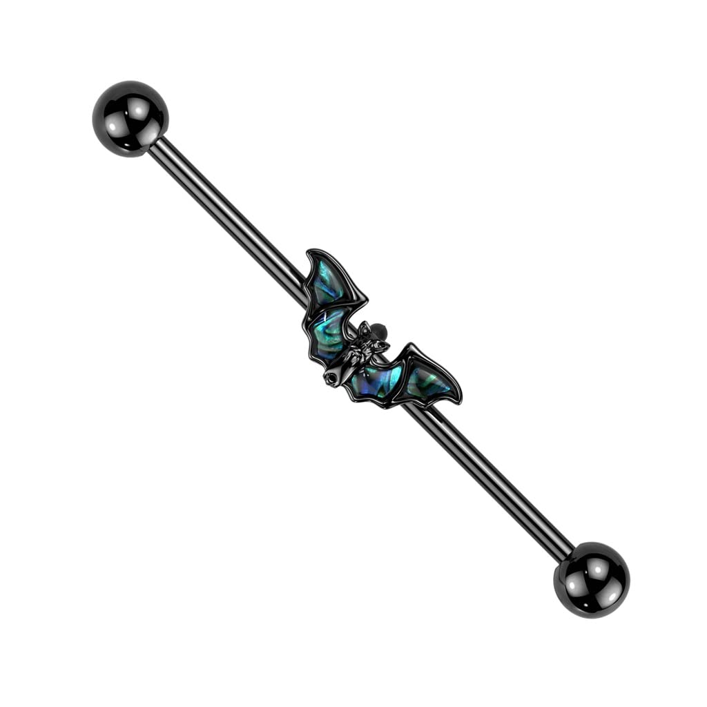Pierced Owl 14GA Black PVD Plated 316L Stainless Steel Bat with Abalone Wings Industrial Barbell