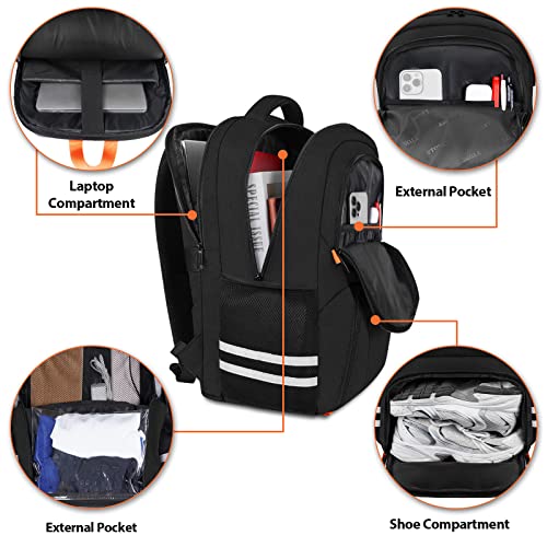 Ytonet Gym Backpack For Men Women, Travel Sports Track Backpack With Shoe Compartment USB Charging Port, Large Water Resistant Workout Laptop Backpack College Bag Fit 15.6 Inch, Camping, Black