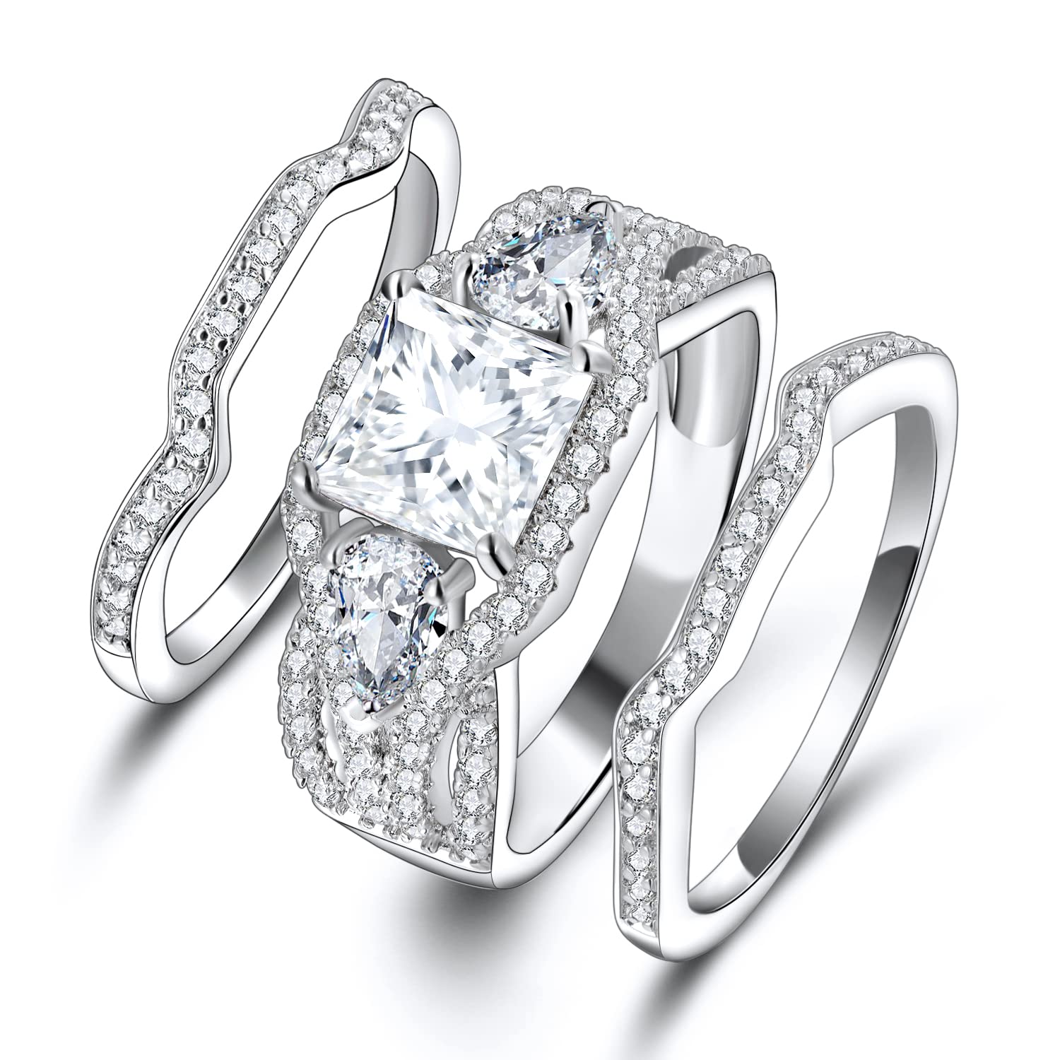 MDFUN Three-In-One Square Wedding Engagement Ring,18K White Gold Plated Cubic Zirconia Promise Eternity Ring for Women (6)