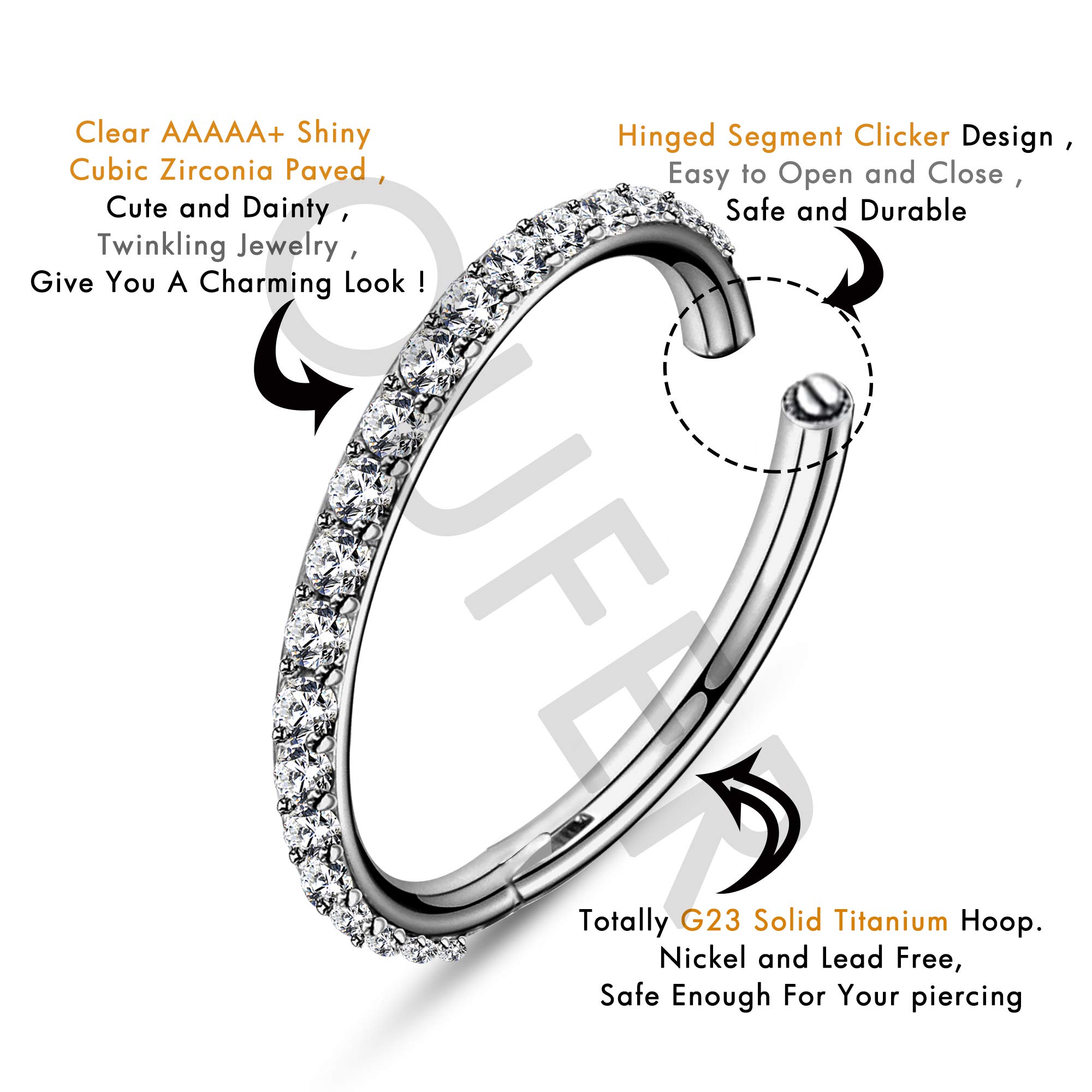 OUFER 20G Titanium Nose Rings Hoops, Solid G23 Titanium Nose Piercings, with Clear CZ Paved Conch Earrings, Daith Helix Piercing Jewelry for Women and Men-Silver 20G 10MM
