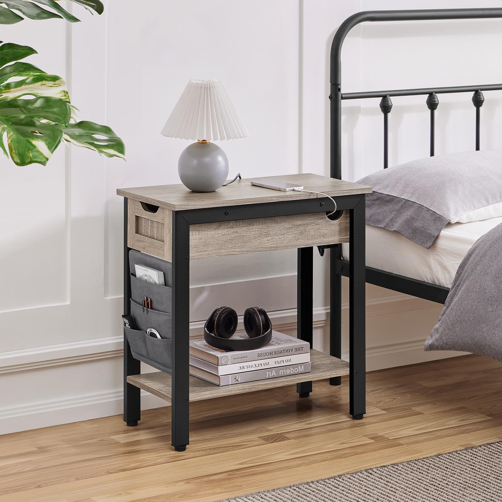 Yaheetech Narrow End Table with Charging Station, Flip Top Side Table with Drawer & Shelf & Removable Fabric Bag, Wood Nightstand Bedside Table with USB for Living Room/Bedroom/Small Space, Gray