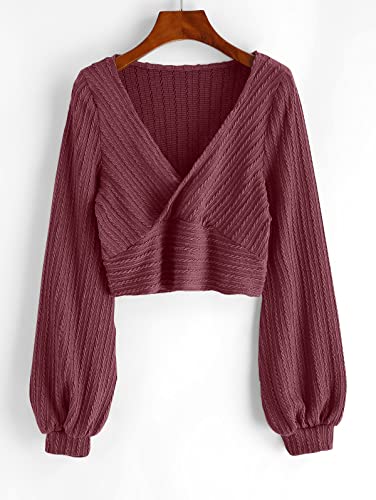 ZAFUL Women's Pullover Ribbed Cropped Knitwear Drawstring Ruched Knitted Crop Top Solid V-Neck Long Sleeve T-Shirt