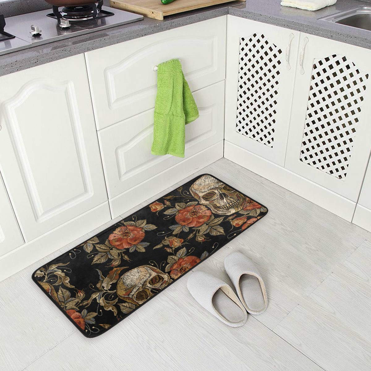 One Bear Skull Skeleton Flowers Kitchen Rugs Kitchen Mats Non Slip Washable Cushioned Mats Polyester AntiFatigue Comfort Floor Mat Doormat for Kitchen Washroom Bedroom 39 x 20 inch