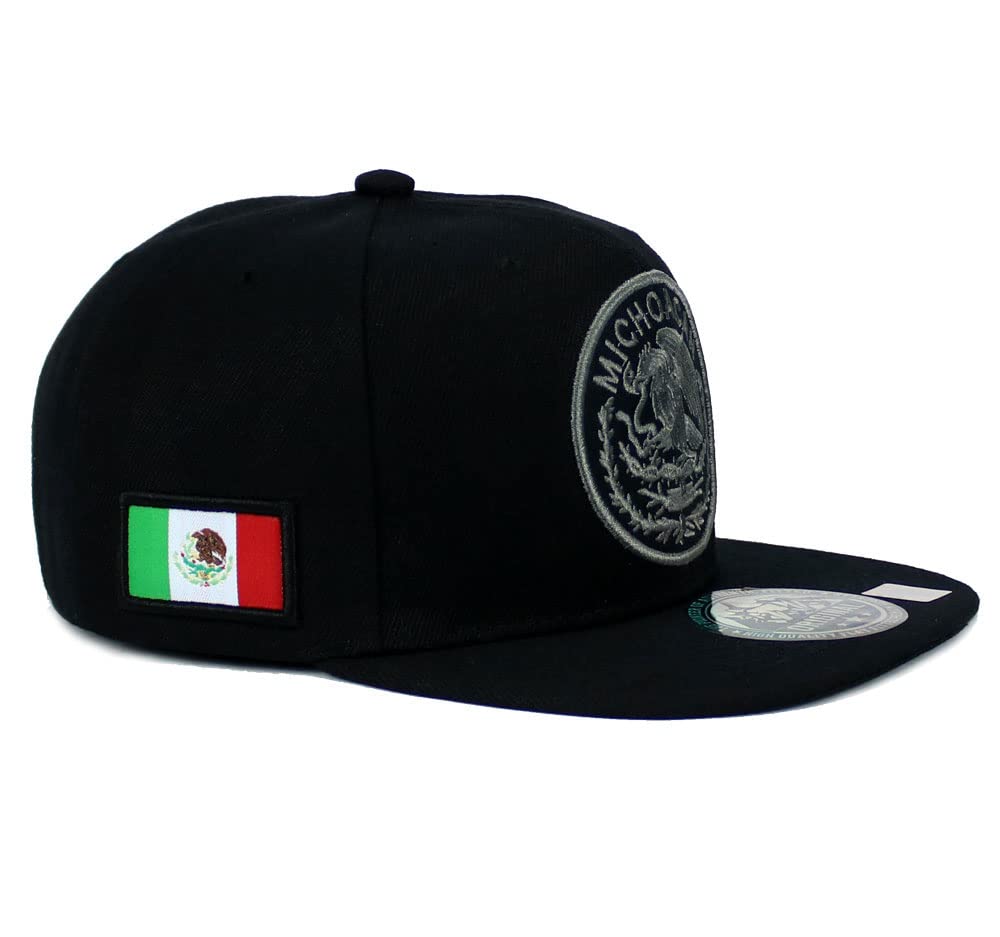 Mexican Hat Mexico State Federal Logo Embroidered Snapback Flat Bill Baseball Cap (Michoacan- Black/Gray), Large-X-Large
