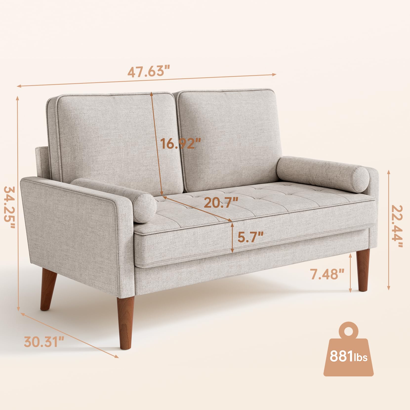 Vesgantti Loveseat Sofa, 48" Small Sofa Couch Mid Century Modern Couch for Small Spaces, Bedroom and Living Room, Removable Sofa Cover Spring Cushions and Solid Wood Frame, Easy to Install, Ashbeige