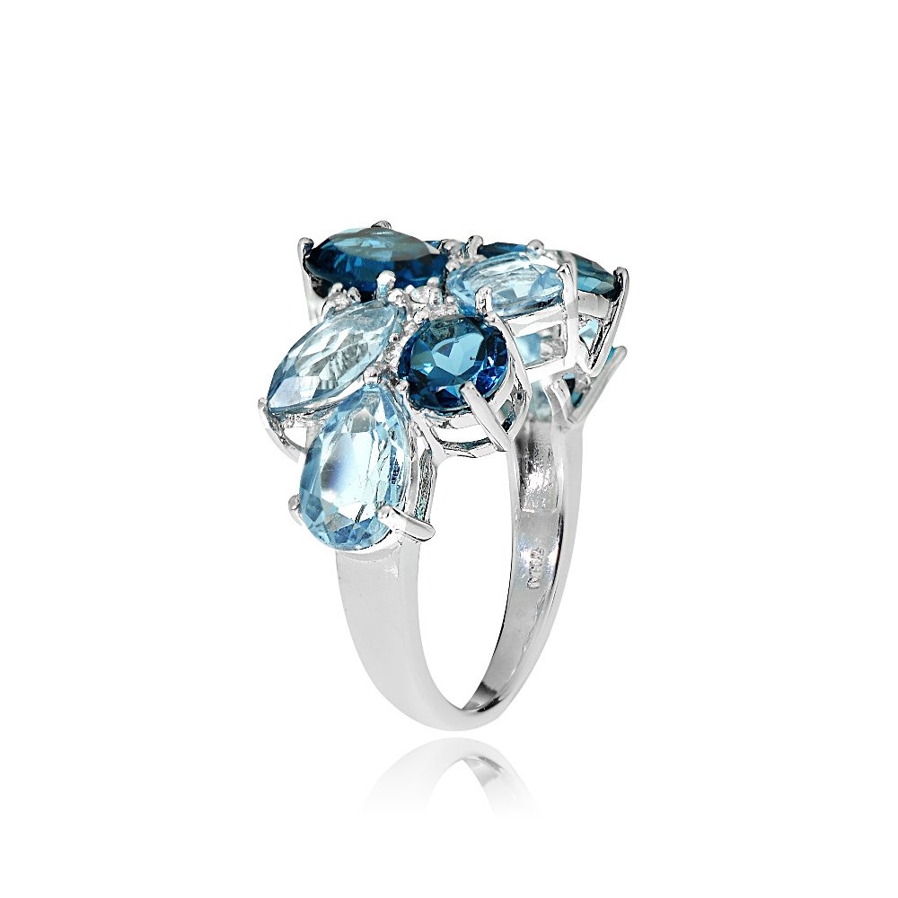 Ice Gems Sterling Silver Genuine London Blue, Blue Topaz, and White Topaz Cluster Tonal Ring