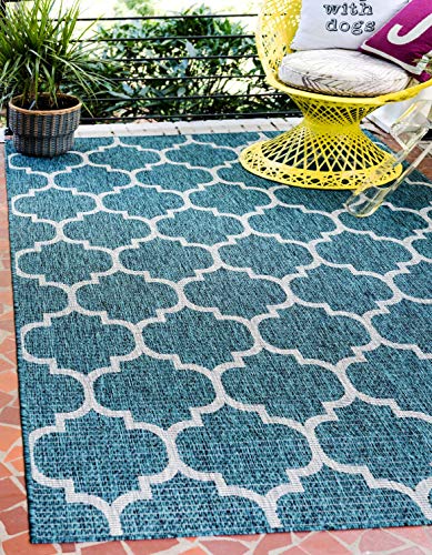 Unique Loom Outdoor Trellis Collection Area Rug (6' 1" x 9' Rectangle, Teal/ Gray)