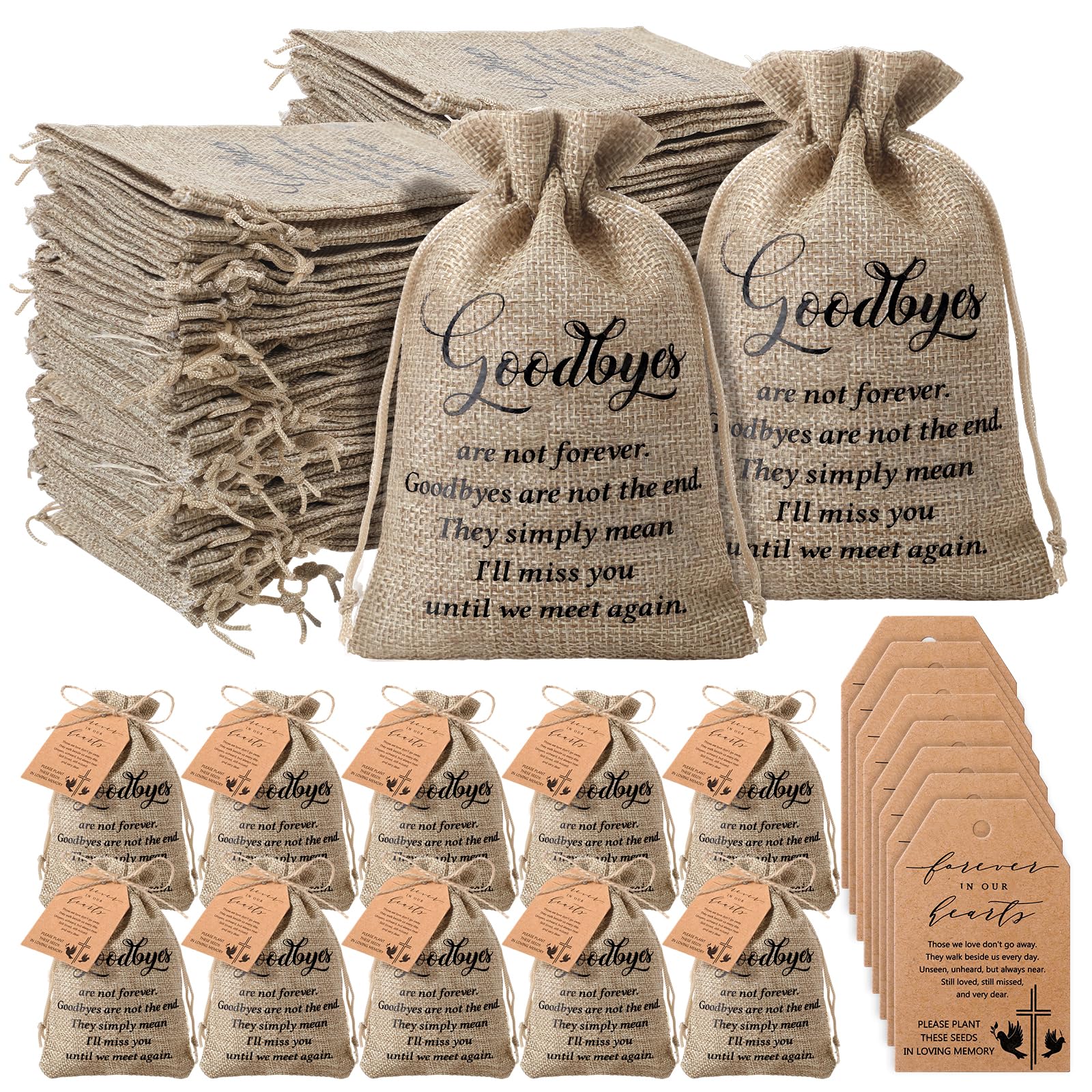 Tanlade 50 Sets Funeral Favors Forever in Our Hearts Seed Packet Favors Seed Sack Seed Organizer Burlap Bag with Prayer Memorial Tags and Twine for Celebration of Life Loss of Loved One(No Seeds)