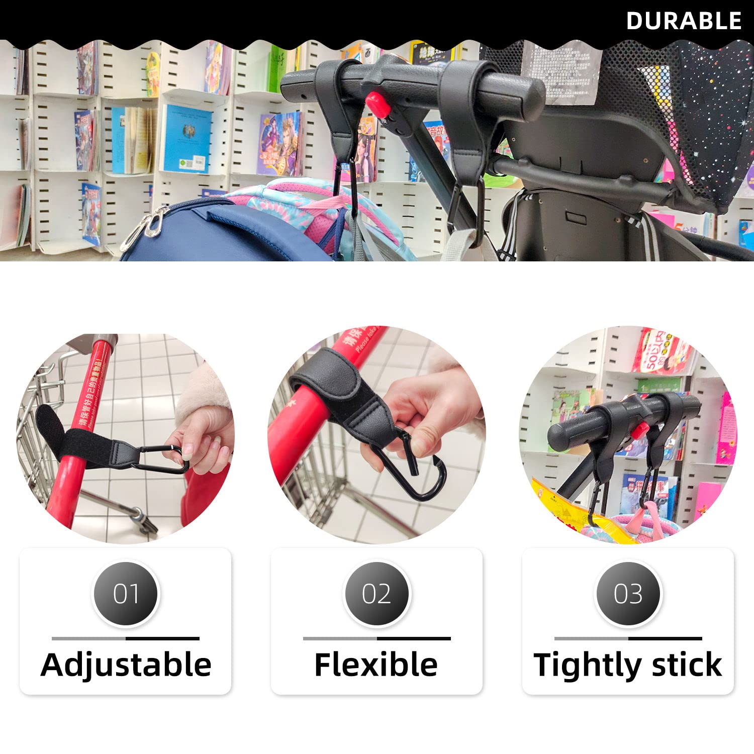 Stroller Hooks for Hanging Bags and Shopping - Premium Leather Universal Stroller Clips for Diaper Bags Grocery Shopping Bags, Baby Stroller Straps Hook 3 Pack (Black)