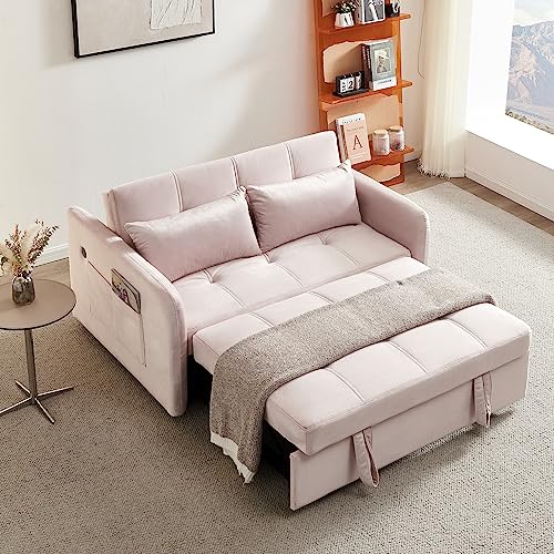 Sofa Couch w/Pull Out Sleeper Bed, 55.5β Pink Velvet Upholstery Convertible Loveseat Twin Sofabed with Two Arm Pockets, 3-angle Adjustable Backrest Sofa, Build-in 2 USB Charger Ports for Living Room