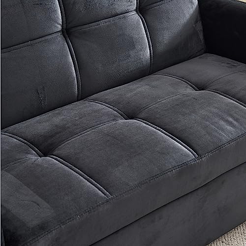 Sofa Couch w/Pull Out Sleeper Bed, 55.5” Black Velvet Upholstery Convertible Loveseat Twin Sofabed with Two Arm Pockets, 3-angle Adjustable Backrest Sofa, Build-in 2 USB Charger Ports for Living Room