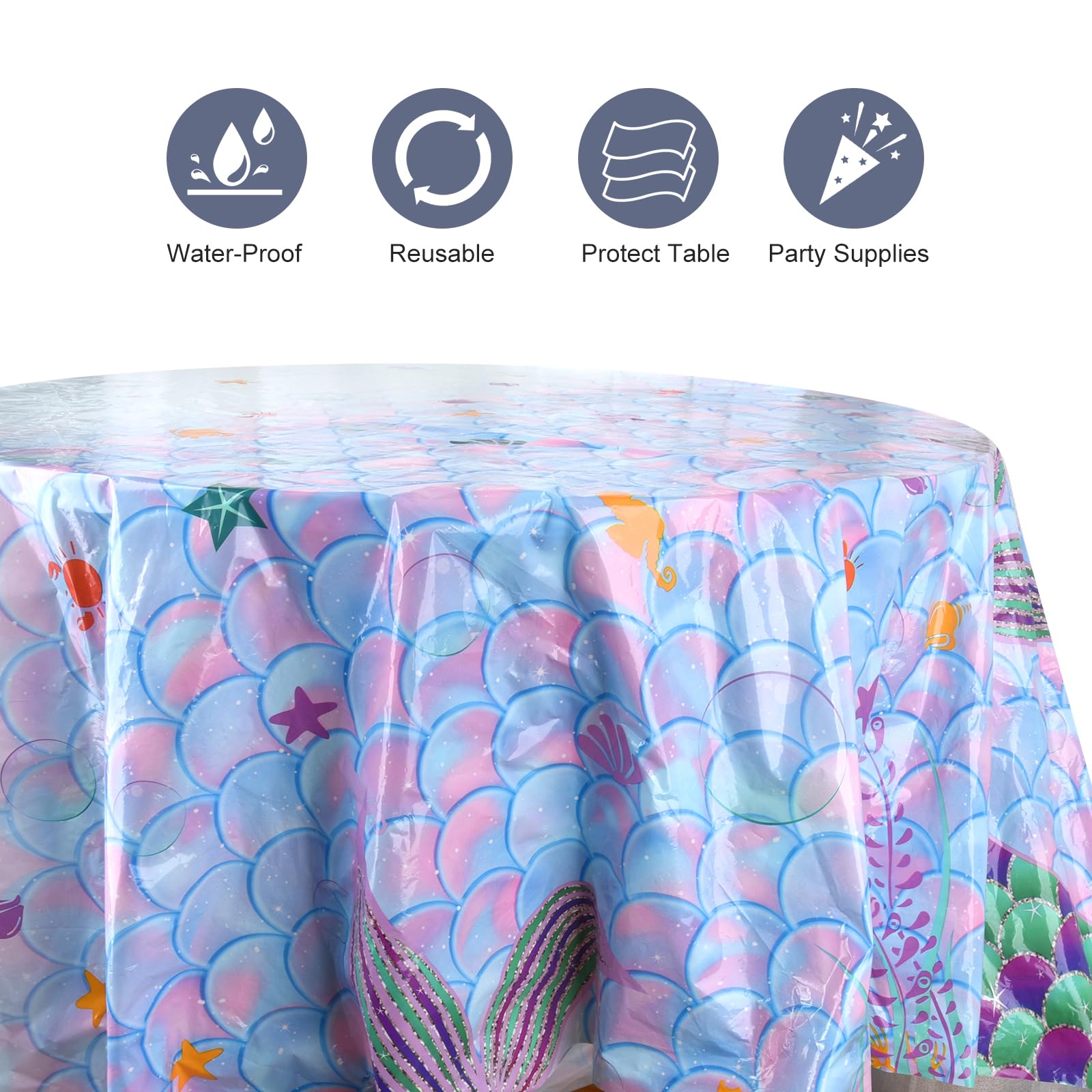 YiePhiot 3 Pcs Baby Shower Tablecloth,Baby Shower Round Tablecloth,Mermaid Party Decoration Table Covers,Plastic Table Cover for Baby Shower Party Compatible for a 70inch Round Table