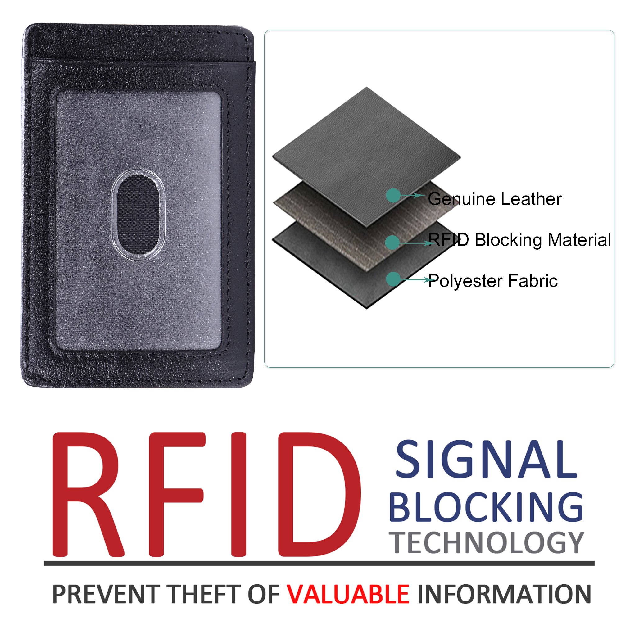 kinzd Money Clip Carbon Fiber RFID Blocking Front Pocket Leather ID Credit Card Holder Wallet for Men Black