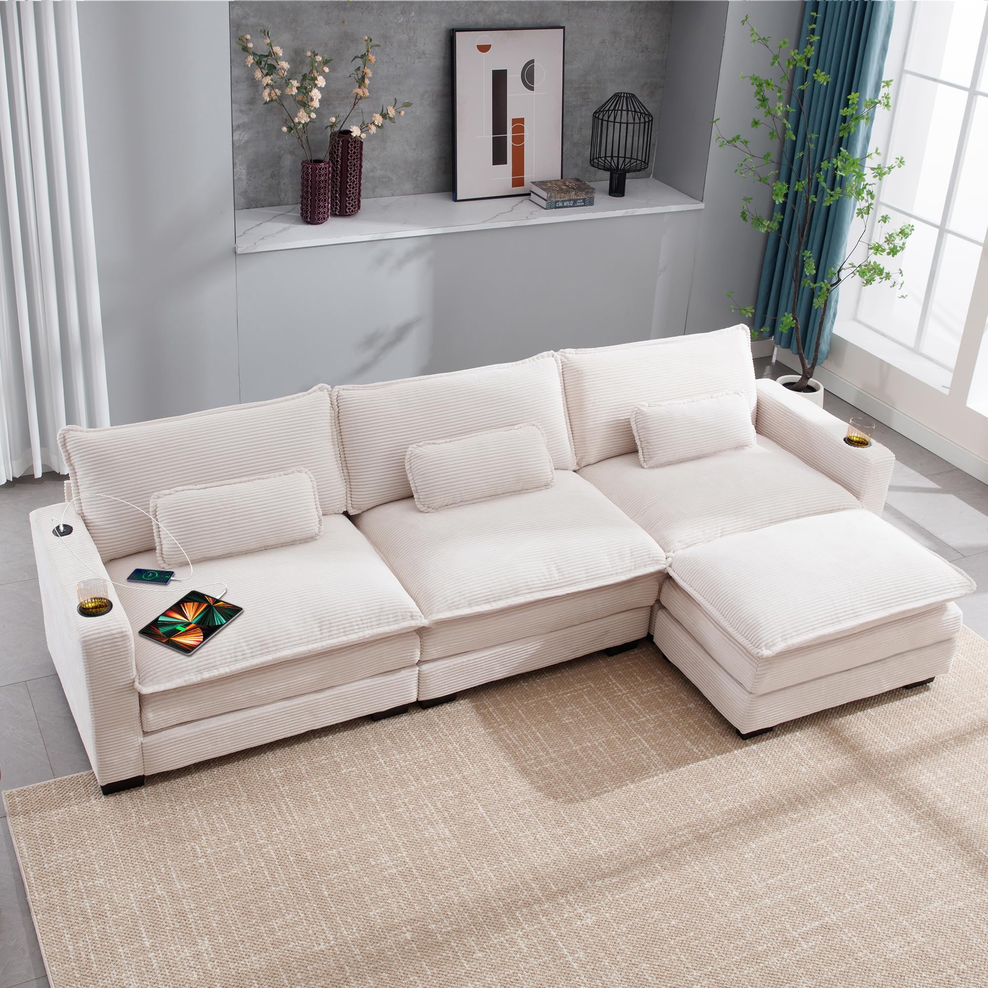 VEPXXP 117.7" Corduroy Sectional Couch, L-Shaped Sectional Sofa with Ottoman, 3 Seats Sofas with USB Cup Holders, Comfy Couches for Living Room, Apartment, Bedroom, Orange