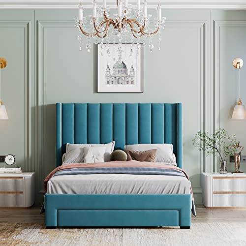 SOFTSEA Full Size Upholstered Bed Frame with Large Drawer Velvet Platform Bed Frame with High Headboard for Bedroom