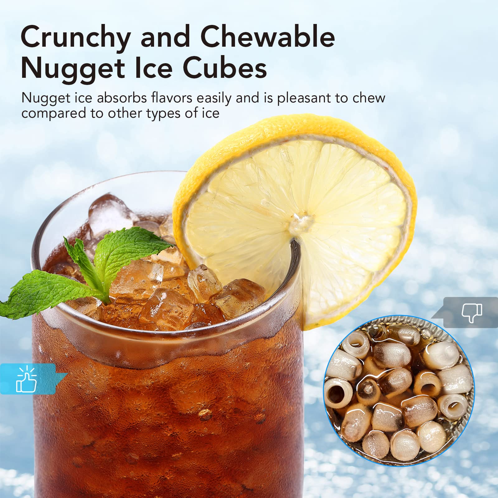 Nugget Ice Maker, Zstar Countertop Ice Maker, Stainless Steel Pebble Ice Maker, 44LBs/24H, Self-Cleaning and Timer Function, Small Portable Sonic Ice Maker with Ice Basket and Ice Scoop for Home, RV