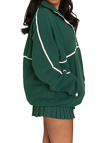 VNIRA Women’s Oversized Sweatshirt Fleece Crew Neck Long Sleeve Half Zip Casual Pullover Hoodie Tops Fall Y2K Clothes Deep Green