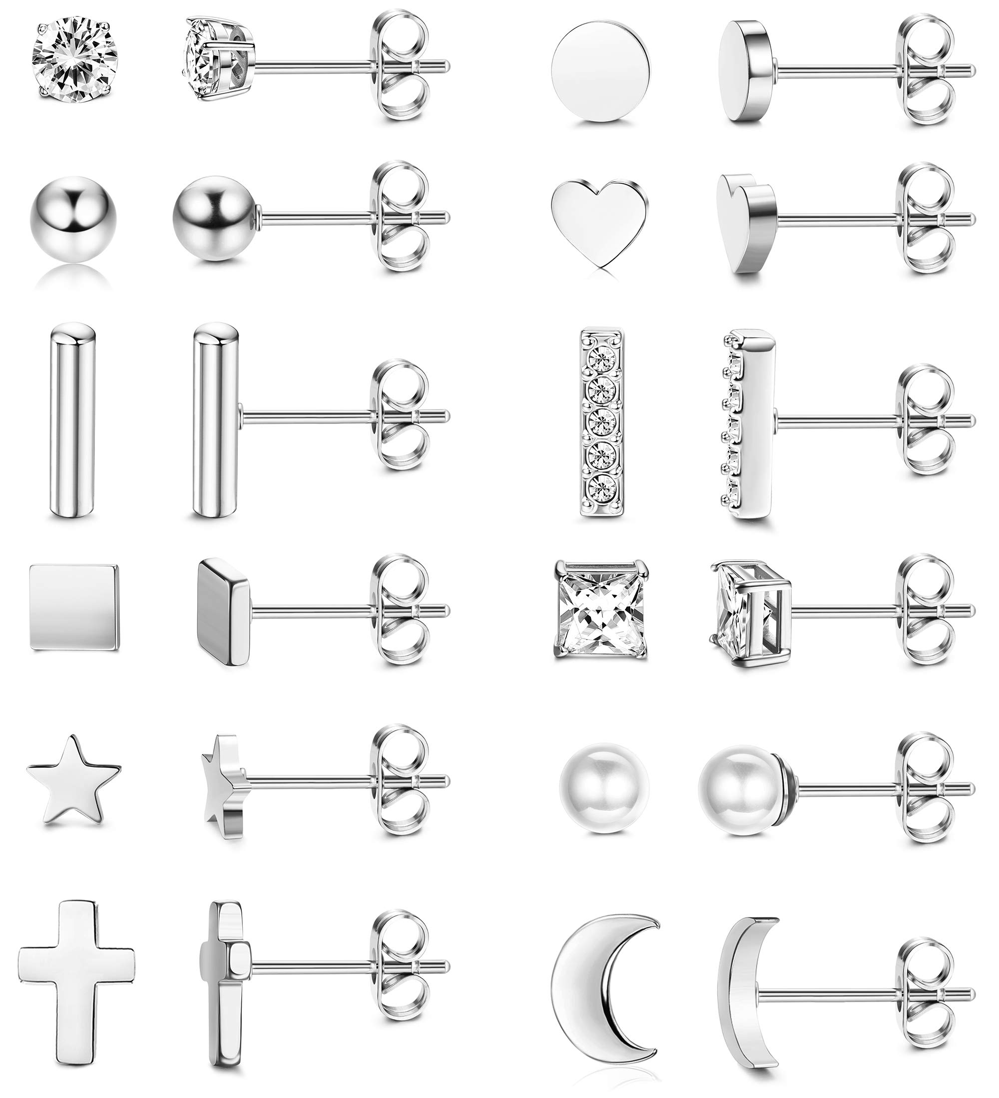 LOYALLOOK 12Pairs Stainless Steel Stud Earrings for Women Men Heart Star Moon CZ Cute Tiny Cartilage Minimalist Geometric Stud Earrings Hypoallergenic Stud Earrings Set for Multiple Piercing