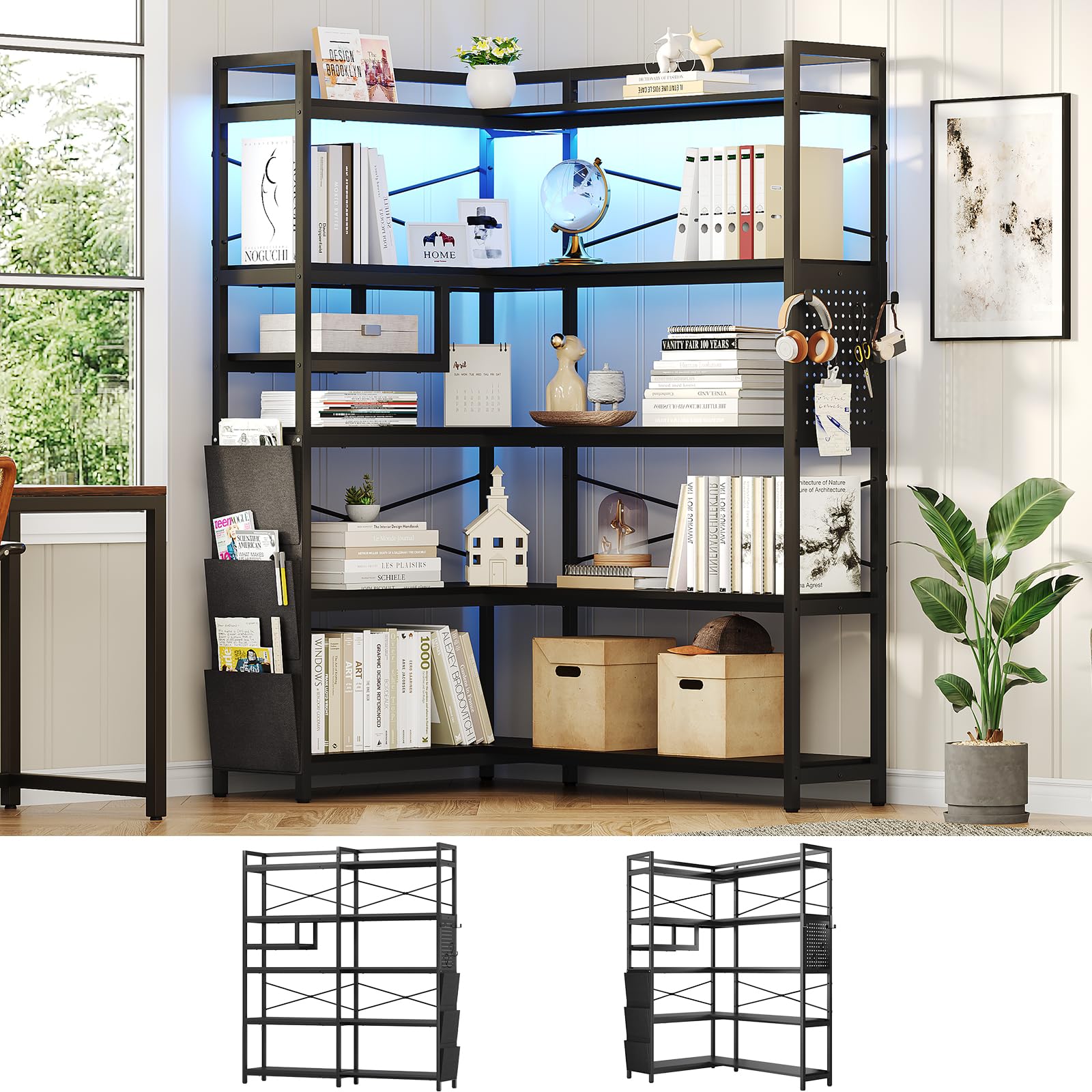 Itaar 5-Tier Book Shelf, Reversible 70.8" W Bookcase Storage Shelves or Corner Bookshelf, Bookshelf with LED Light, 2 Pegboards, Storage Bag & 4 Hooks for Bedroom, Black
