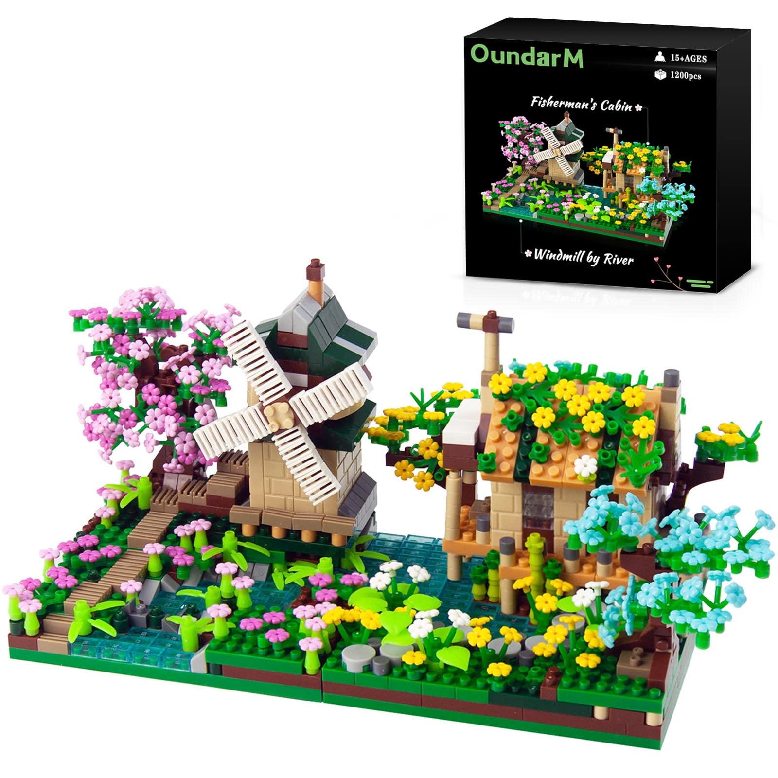 OundarM 2 Sets of Street View Mini Blocks Kit- Cherry Blossom Windmill Bonsai & Cabin Tree Building Blocks Set, Botanical Collection Building Set for Adults, 12+ Teens (1200 Pcs)