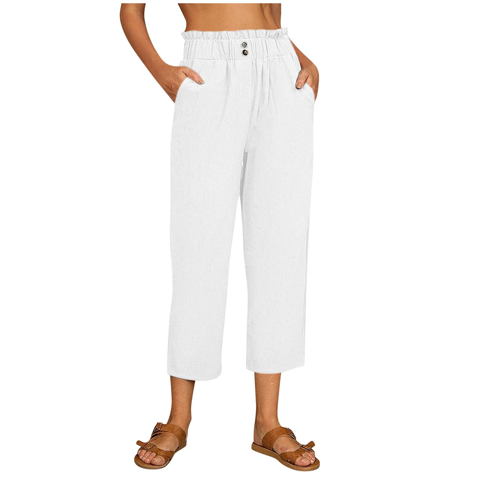 Mackneog Casual Ladies Capris Casual Elastic Wide Leg Capris Women Lightweight Linen Pants Crop Pants and Capris Plus Size White