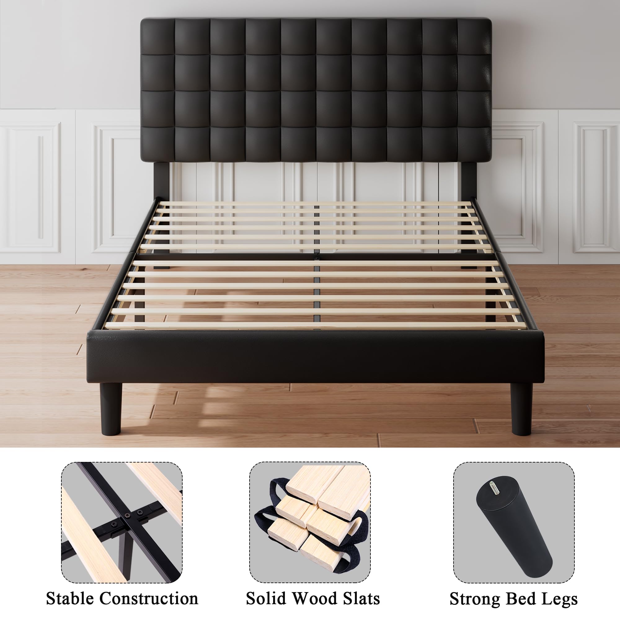 iPormis Queen Platform Bed Frame, Faux Leather Upholstered Bed Frame with Square Tufted Headboard, Wood Slats Support, No Box Spring Needed, Easy Assembly, Black
