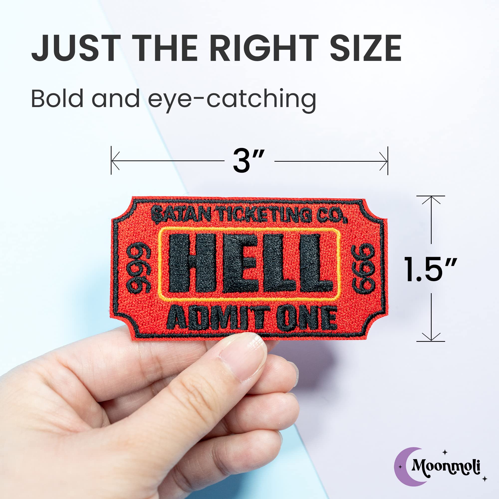 Moonmoli Ticket to Hell Admit One Iron on Embroidered Patches - 3"Wx1.5"H Red/Black Funny Patches β Iron on or Sew On Patches for Clothes, Jacket, Jeans, Hat, Backpack