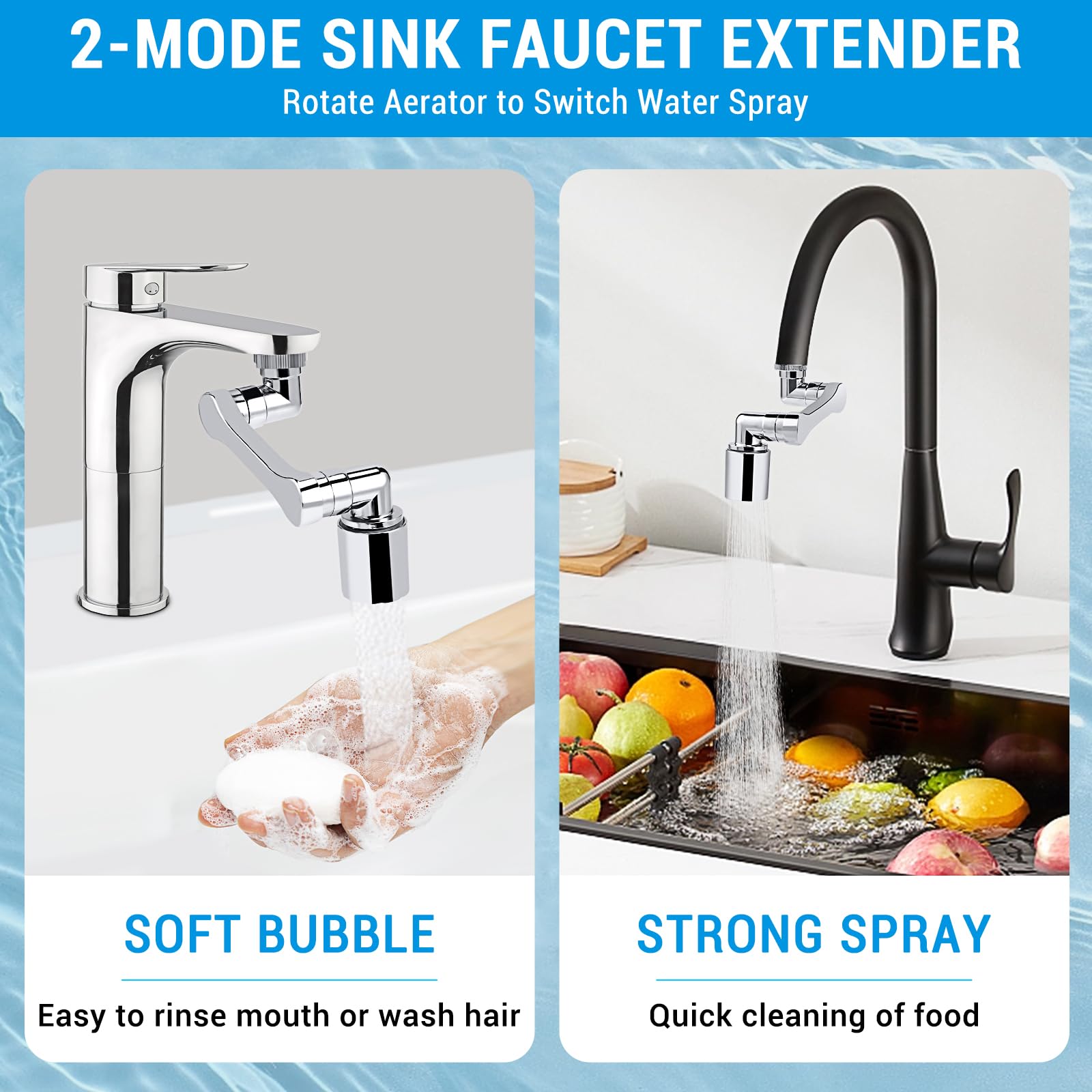 Universal 1080°Swivel Faucet Aerator Extension,Kitchen Bath 360°Rotating Extension Filter with 2 Mode Splash Multifunctional Universal Robotic Arm
