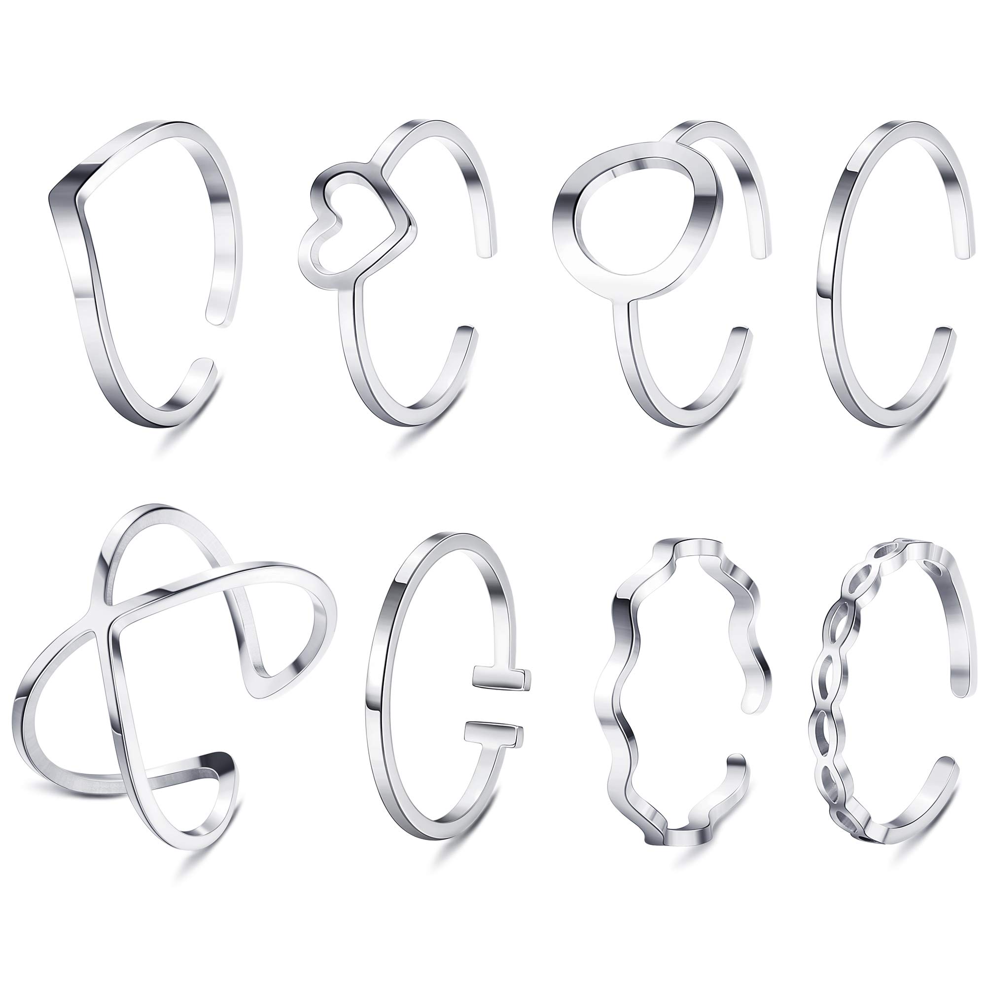LOYALLOOK 8Pcs Simple Knuckle Stacking Midi Ring Set for Women Stainless Steel Women's Fashion Band Midi Rings Adjustable Size