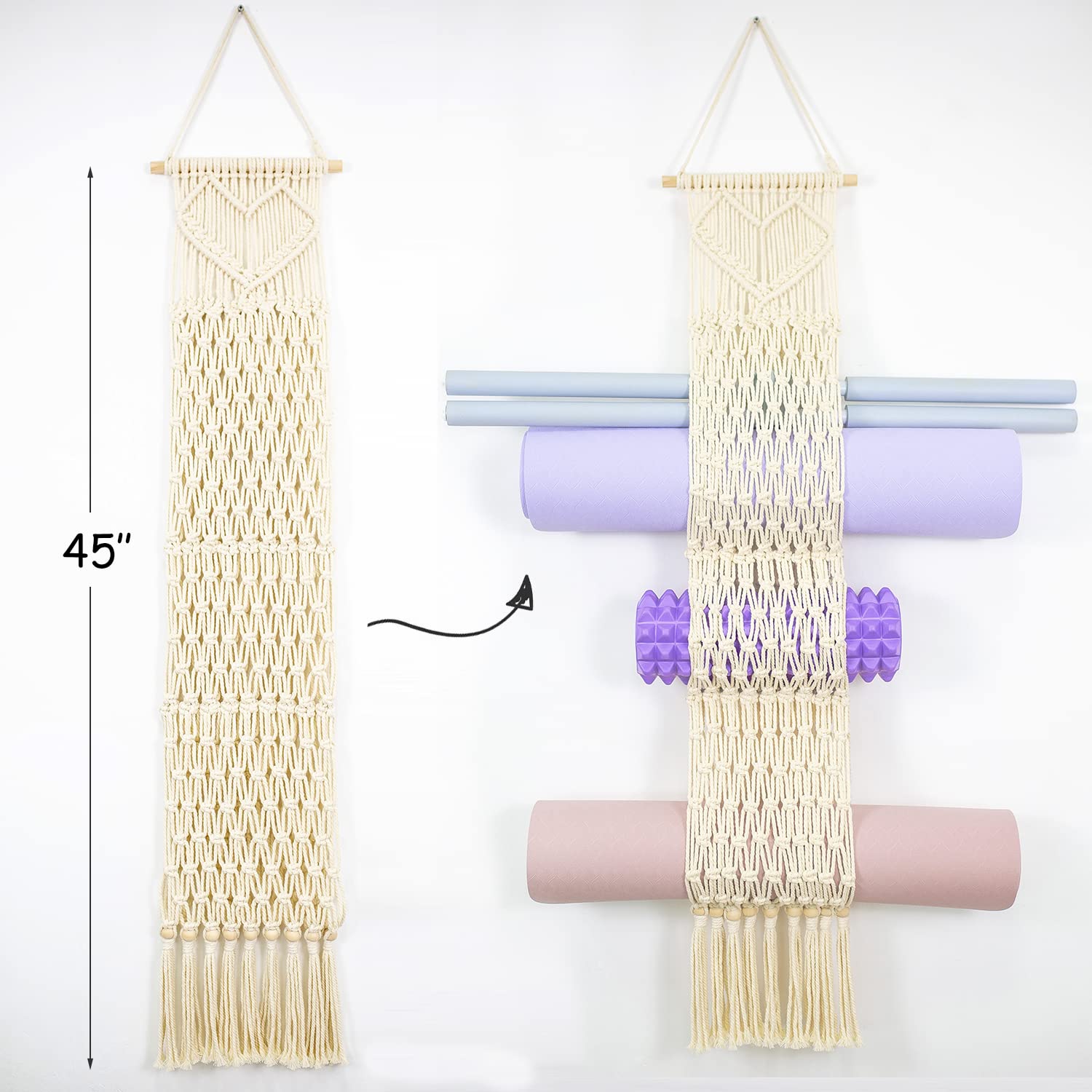 Macrame Yoga Mat Holder Wall Mount Yoga Mat Foam Roller Wall Hanging Rack for Yoga Mat Storage Organizer with 3 Sizes Easy Access Pocket Boho Gym Home Decor
