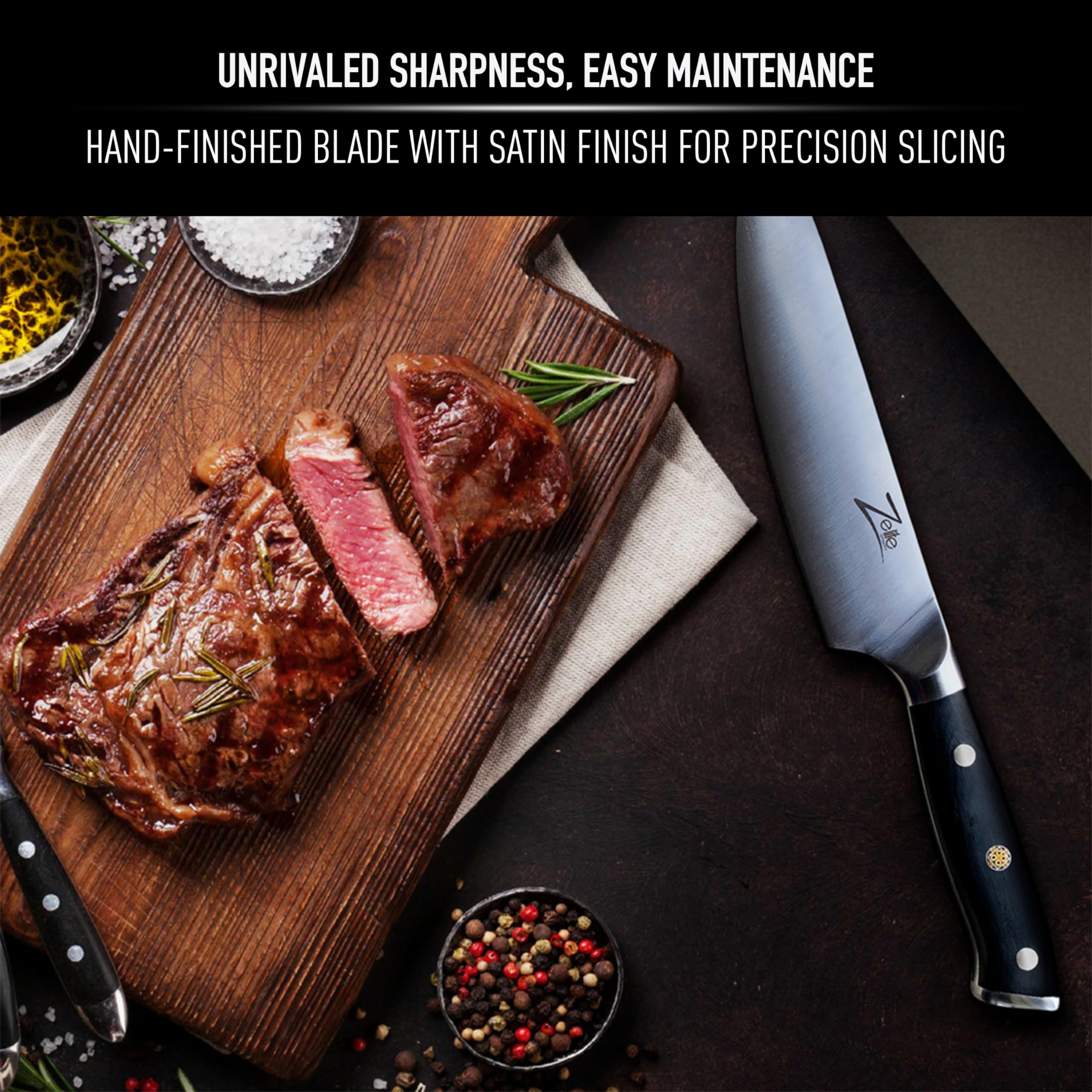 Zelite Infinity 8 Inch Chef Knife with Sheath - German High Carbon Stainless Steel Chef's Knife for Kitchen; Razor Sharp Cutting Knife with Paccawood Handle - Comes in Luxurious Gift Box