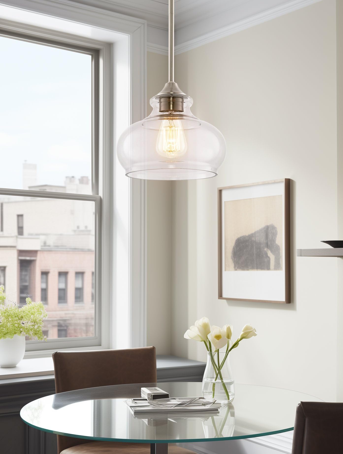 Kira Home Harlow 9" Modern Industrial Farmhouse/Schoolhouse/Rustic Pendant Light with Clear Glass Shade, Adjustable Hanging Height, Brushed Nickel Finish