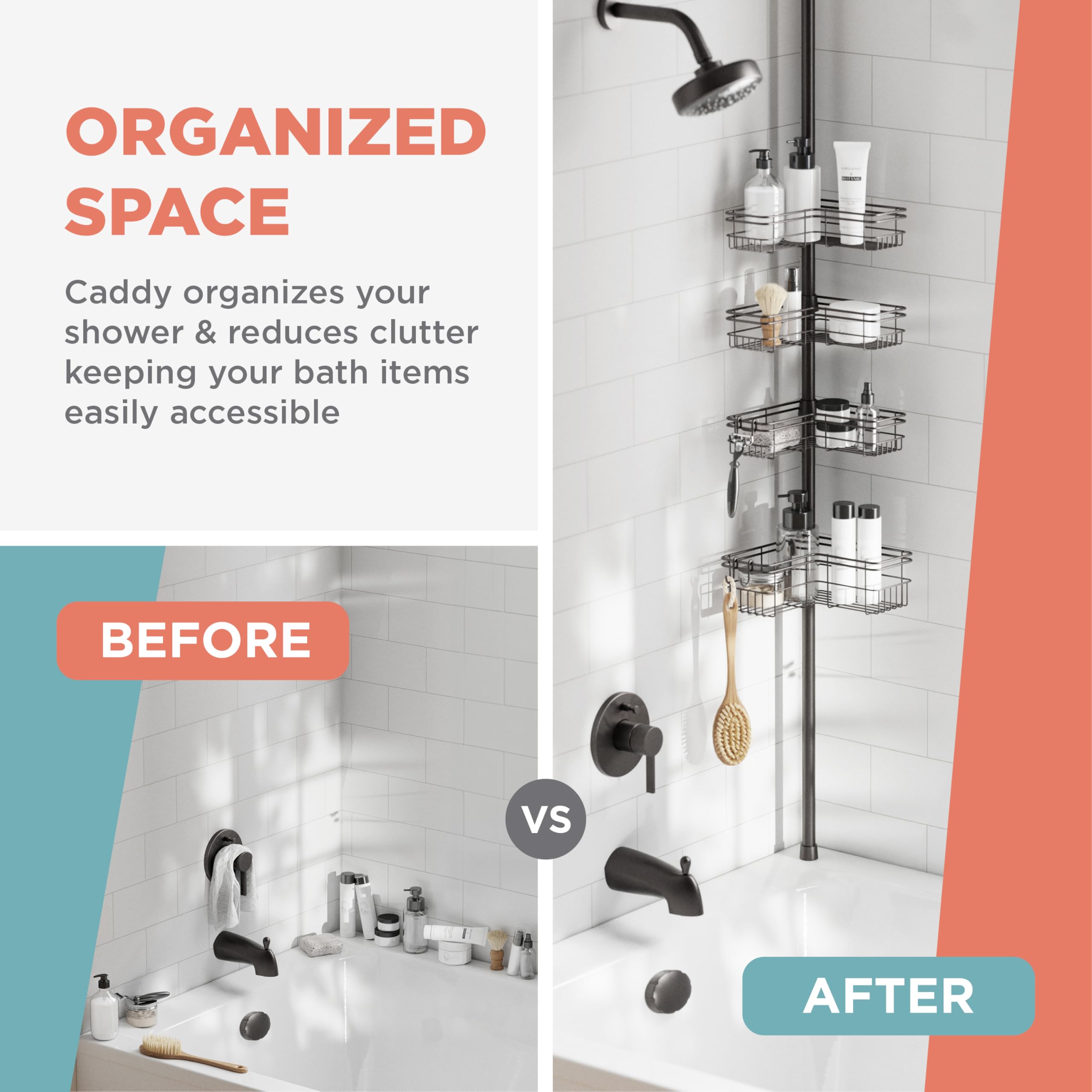 Zenna Home Tension Pole Shower Caddy with 4 L-Shaped Shelves with Hooks, Bronze, 60-97 Inch – Rust-Resistant Corner Shower Organizer Shelf – Adjustable Shower Rack for Bath Essentials