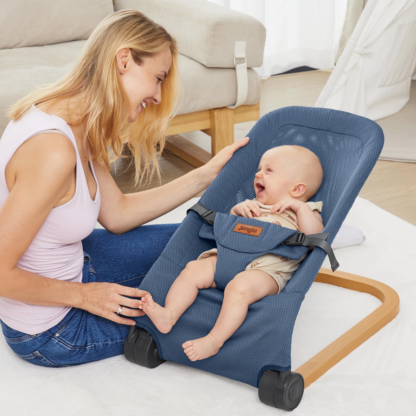 Jimglo Baby Bouncer, Portable Infant Bouncer Seat for babies, Newborn Bouncy with Mesh, Foldable, Beige