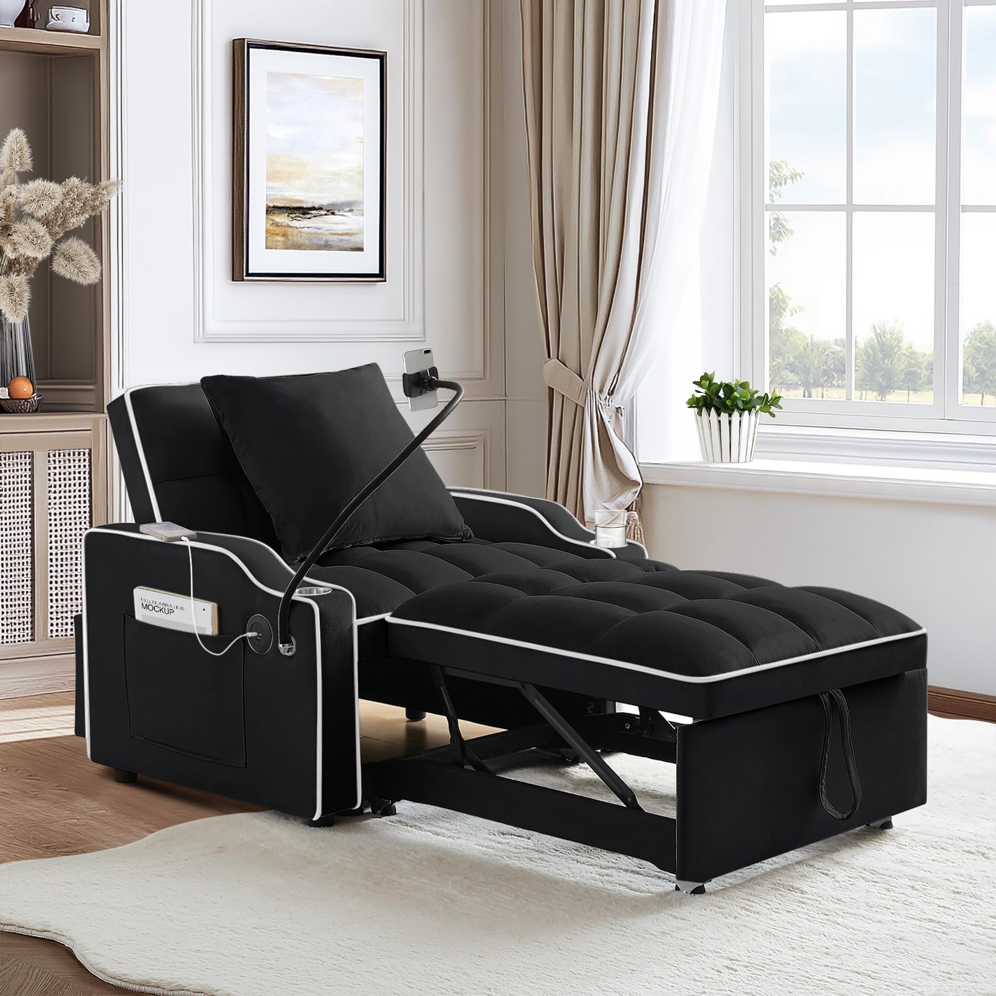 YASHFU 3 in 1 Sleeper Sofa Couch Bed, Velvet Convertible Loveseat Sleeper Sofa with USB Port and Ashtray & Swivel Phone Stand, Storage Pockets, Pull Out Loveseat Sleeper for Living Room(Grey)