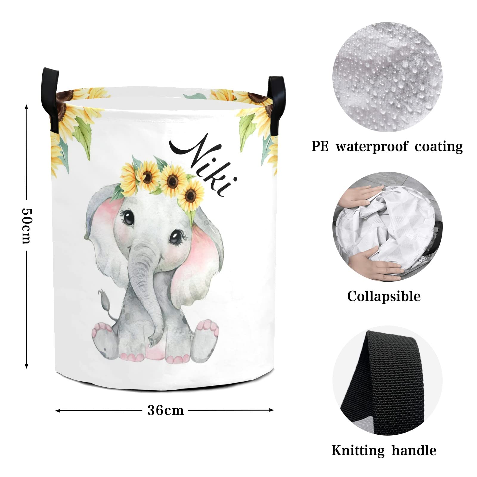 Sunflower Elephant Round Laundry Basket Personalized with Name Waterproof Canvas Clothes Basket Laundry Hamper with Handles for Kids Room Bedroom Gift Baskets