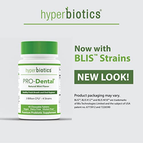 Hyperbiotics Pro Dental Probiotic with BLIS K12 and M18 | Premium Vegan Oral Probiotic for Teeth and Gums | Bad Breath Treatment for Adults | Sugar Free | Mint Chewable Tablet | 45 Count
