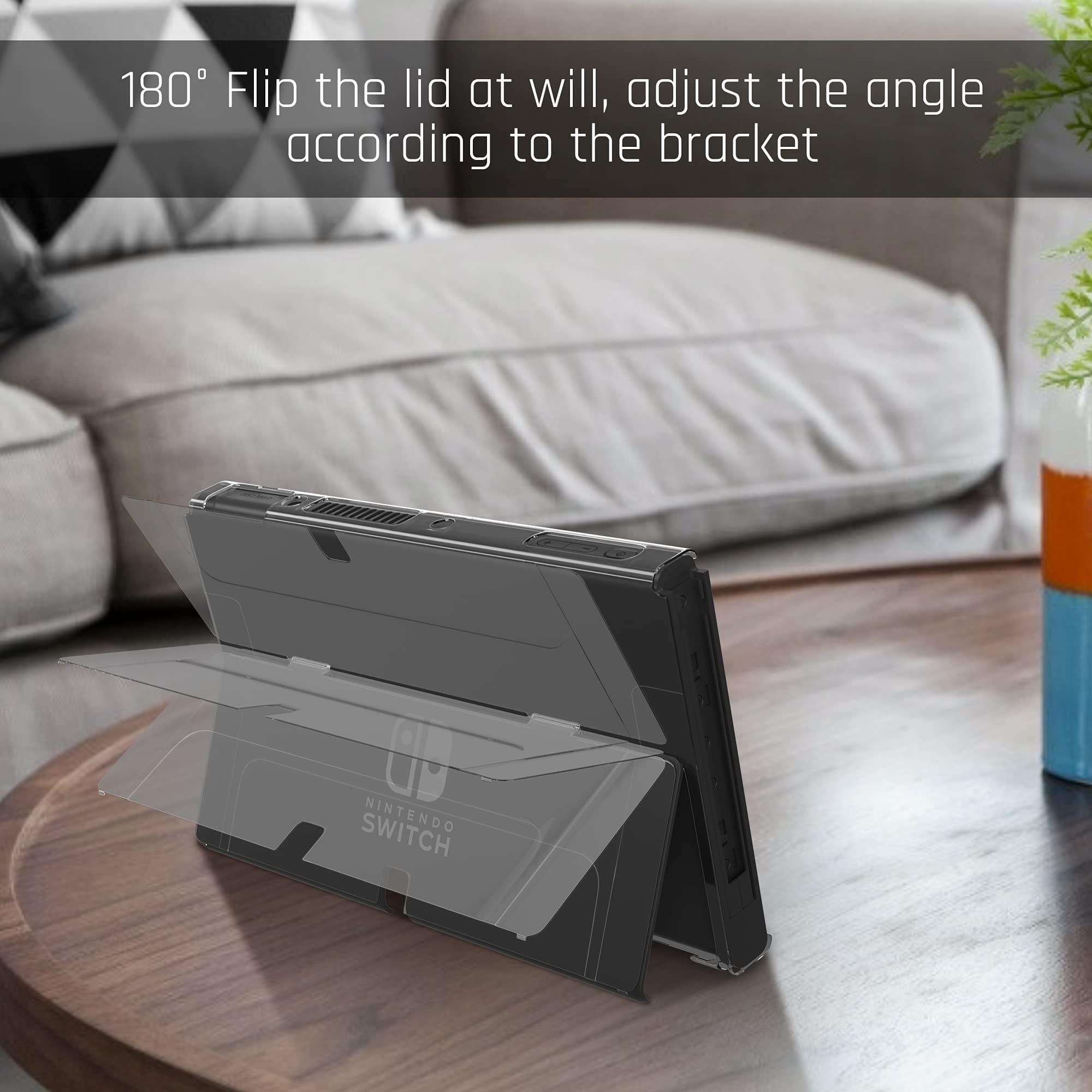LASTYAL Protective Clear Flip Shell Compatible with Nintendo Switch OLED Model, Transparent Cover Case for Switch OLED and Joycon Controller with 10 Thumb Grip Caps and Screen Protector (Clear)