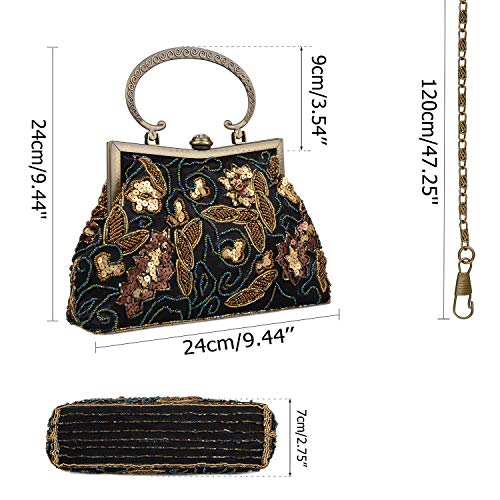 KISSCHIC Women's Vintage Sequins Beaded Evening Bag Handbag Wedding Clutch Handle Bag Formal Hand Bag (Black)