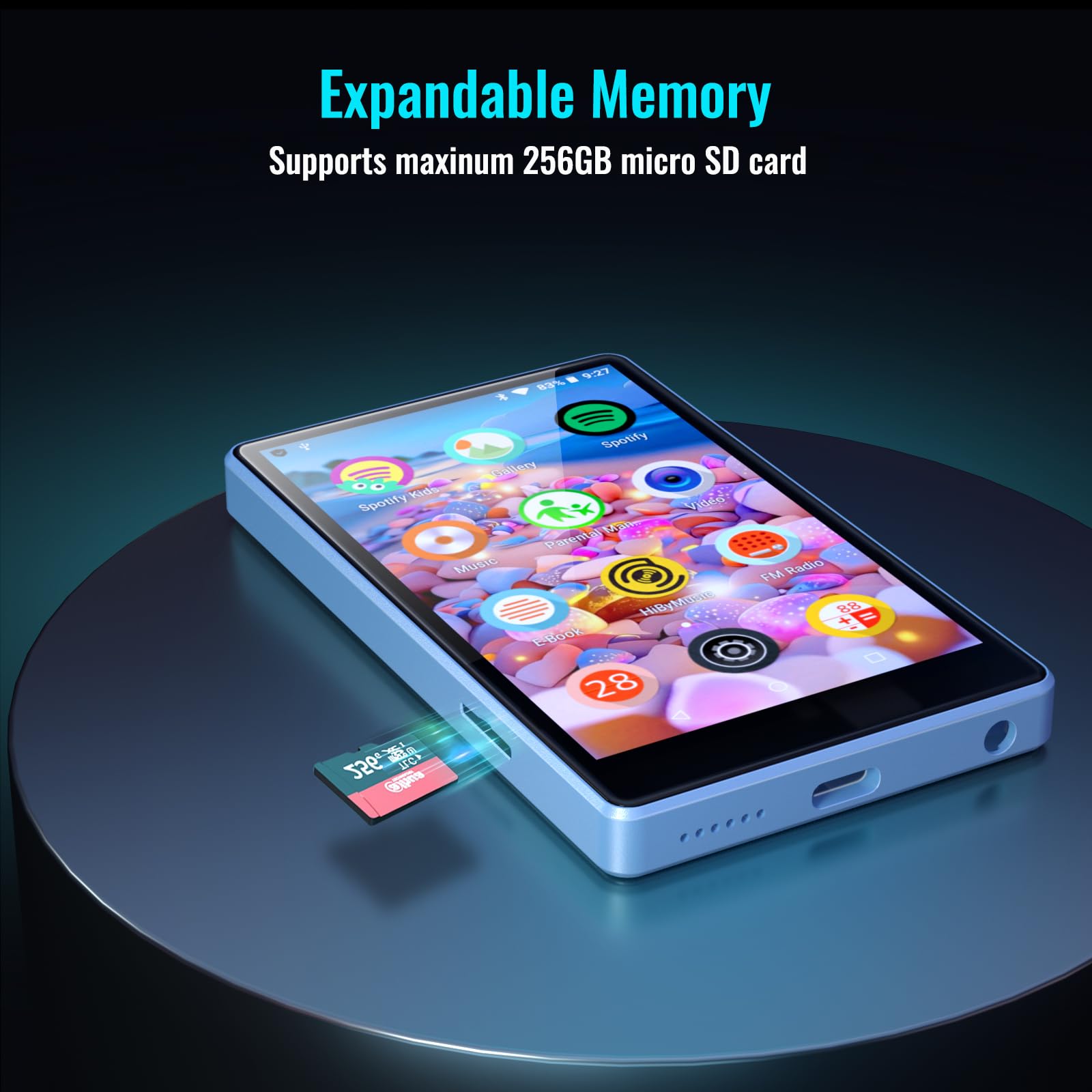 Kids MP3 Player with Parental Controls, Pre-Installed Spotify Kids, Spotify, Audible, Amazon Music, 4.0" IPS MP4 Music Player Up to 256GB (Blue)