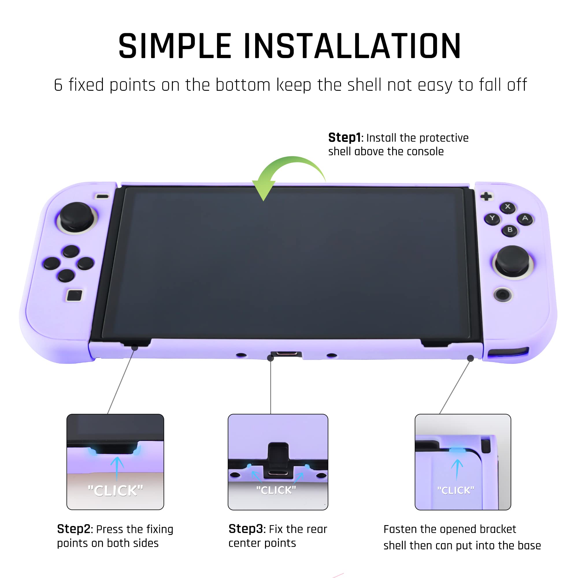 LASTYAL Pure Color Protective Shell Compatible with Nintendo Switch OLED Model, Micro-Frosted Feel Cover Case for Switch OLED and Joycon Controller with 4 Thumb Grip Caps and Screen Protector(Purple)