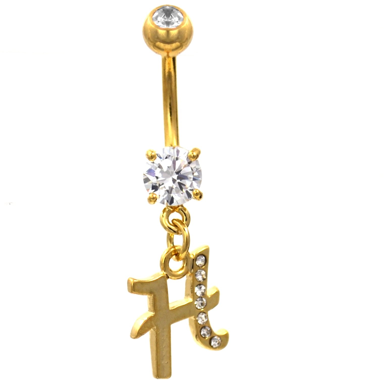 Initial Letter Clear Gem Dazzled Gold-Tone Steel Belly Navel Ring (Letter H)