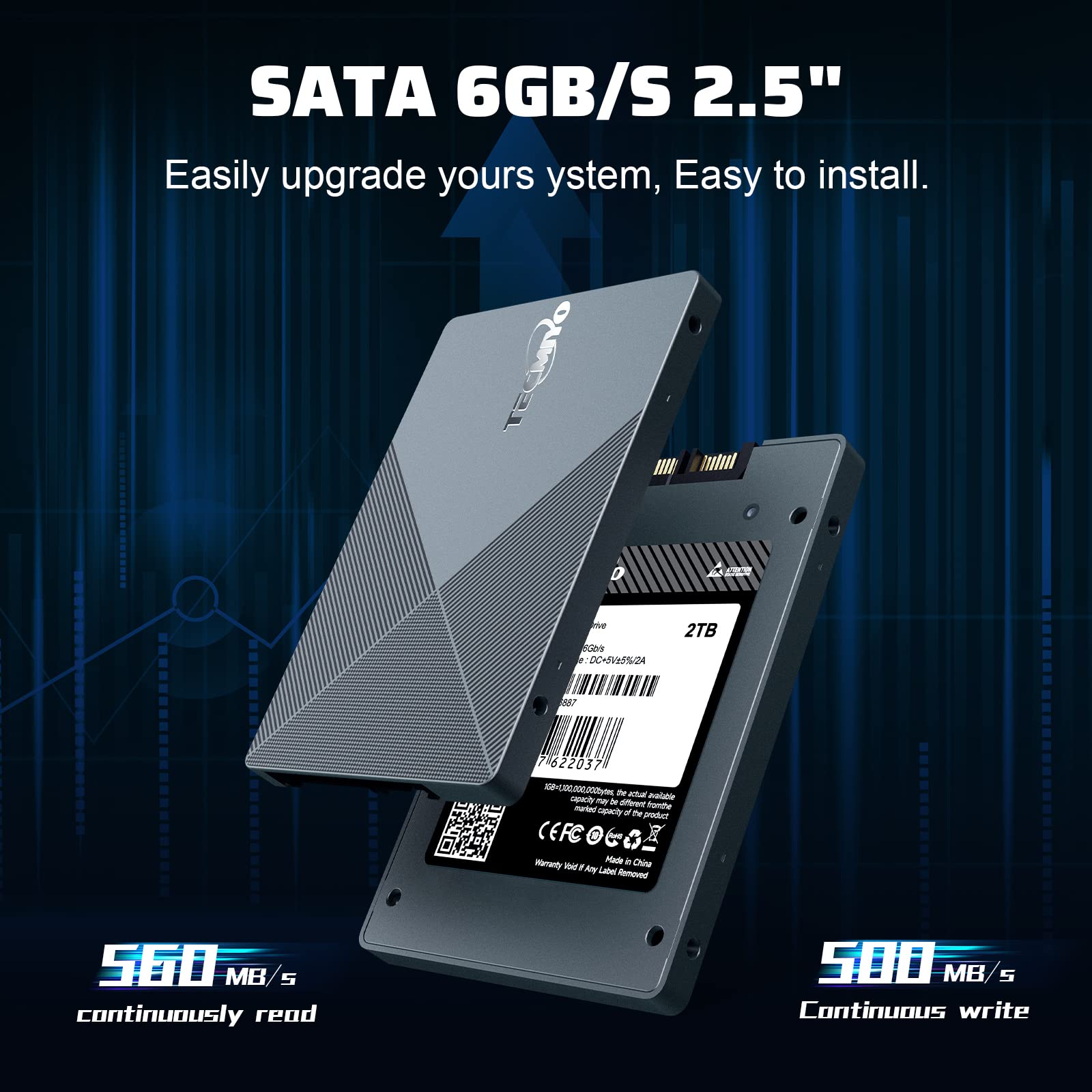 TECMIYO 2TB SATA SSD Internal Solid State Drive- 6 Gb/s, 2.5 inch /7mm (0.28") 3D V-NAND R/W up to 560/500 MB/s