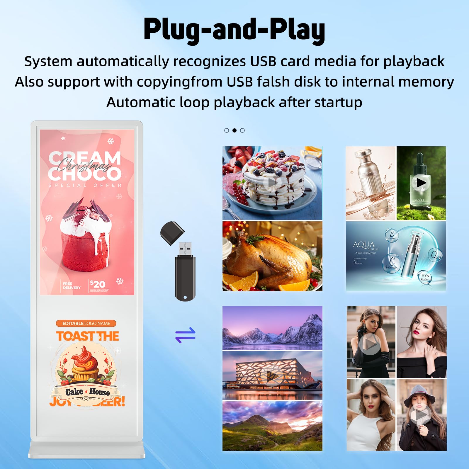YCKJNB 55 inch Indoor Digital Signage 4K Touchscreen IPS Floor Standing Digital Kiosks Interactive Displays with WiFi HDMI/USB Input Auto AD Player, Android OS White