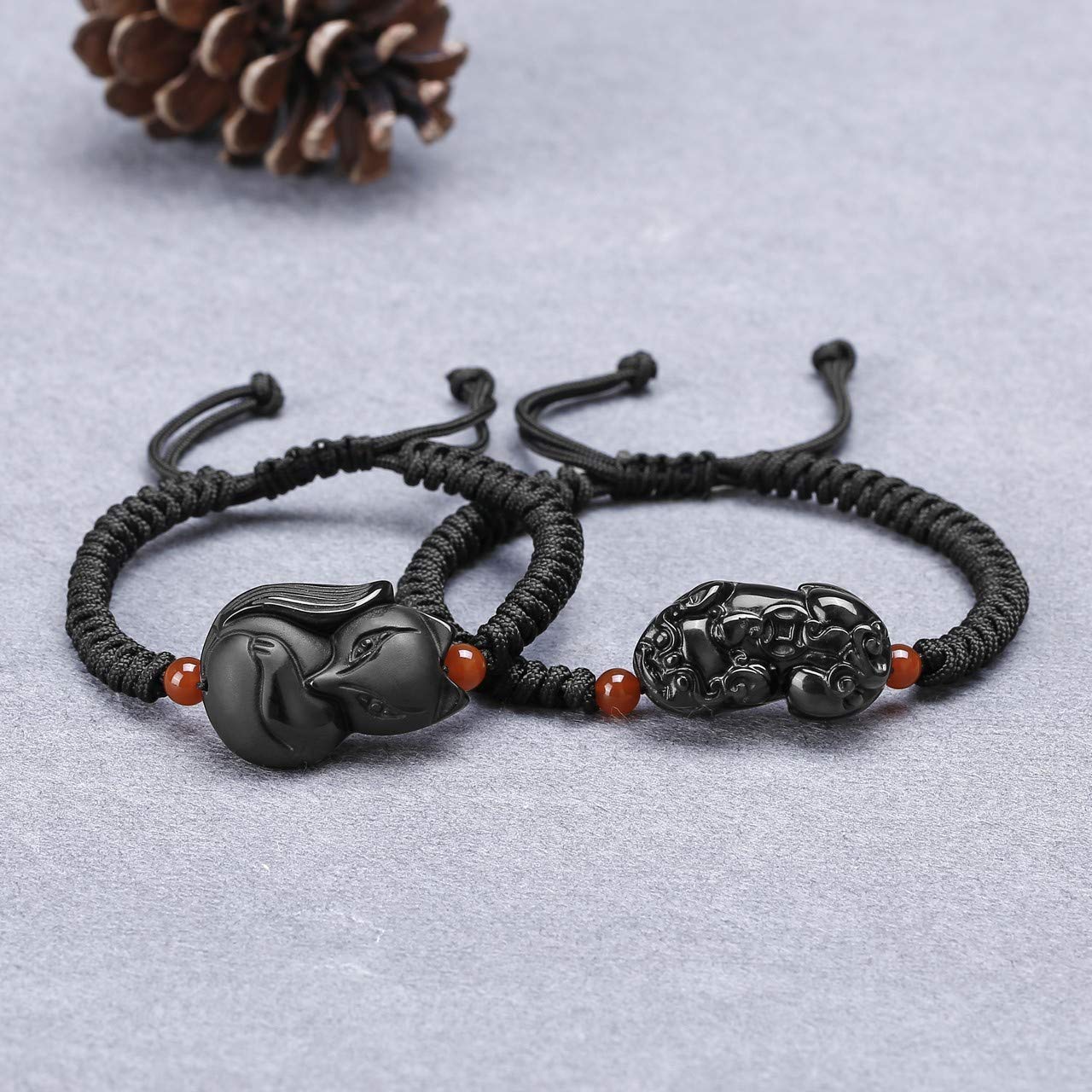 Jovivi Natural Black Obsidian Stone Gemstone Fox Crystal Bracelet Braided Rope Amulet Charm Bracelet for Wealth