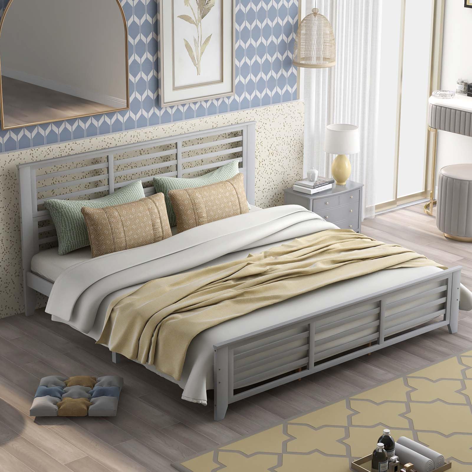 King Size Bed Frame, King Bed Frame with Horizontal Strip Hollow Shape Headboard, Pine Wood Platform Bed Frame for Teens Adults Bedroom, Noise Free/No Box Spring Needed (Gray)