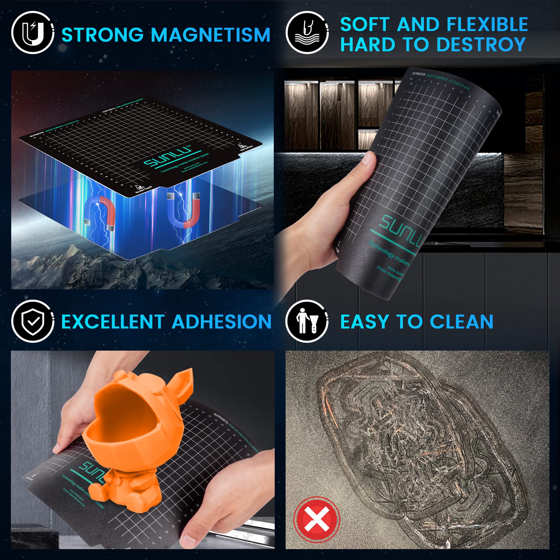 SUNLU 3D Printer Flexible Removable Magnetic Platforms,235*235mm(9.25*9.25 inch), 3D Printer Build Surface Heated Bed, For 99% FDM 3D Printer, 2 Pcs Magnetic Removeable Print Bed Sticker +1 Pcs Base.