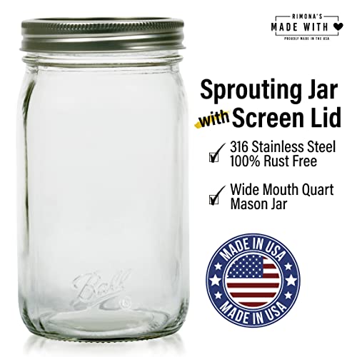 RIMONA’s Sprouting Kit - Stainless Steel Curved Enhanced Mesh Strainers (1 for Big and 1 for Small Seeds), Ball Mason Jar & Holder - Sprout Growing Kit for variety of seeds