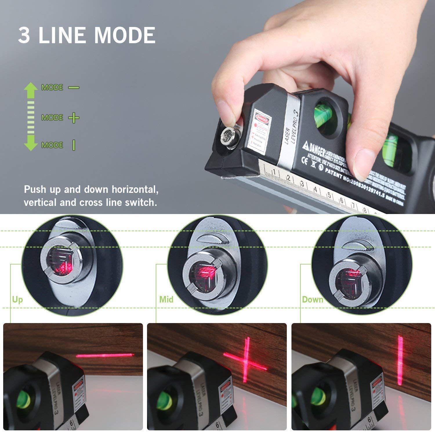 Qooltek Multipurpose Laser Level 8 feet Measure Tape Ruler Adjusted Standard and Metric Rulers for hanging pictures with Metal Tripod Stand